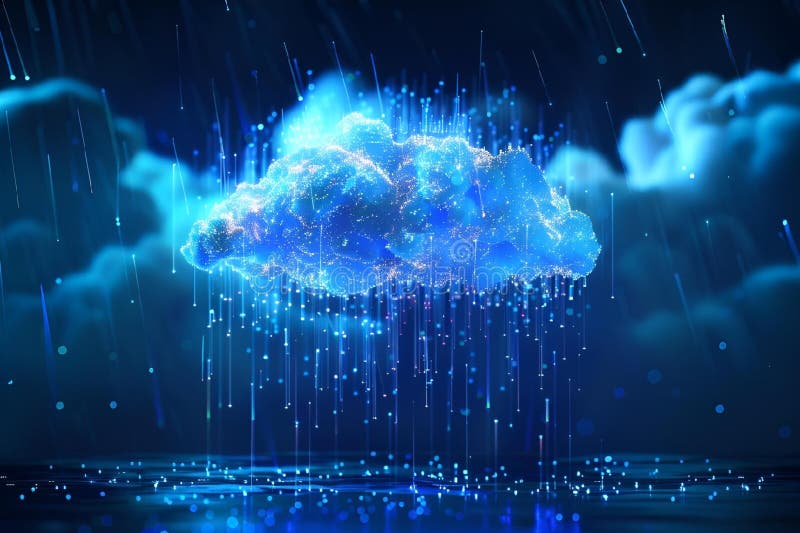 AI Generated Illustration of a Nighttime Raindrops Fall from Illuminated Clouds Stock ...