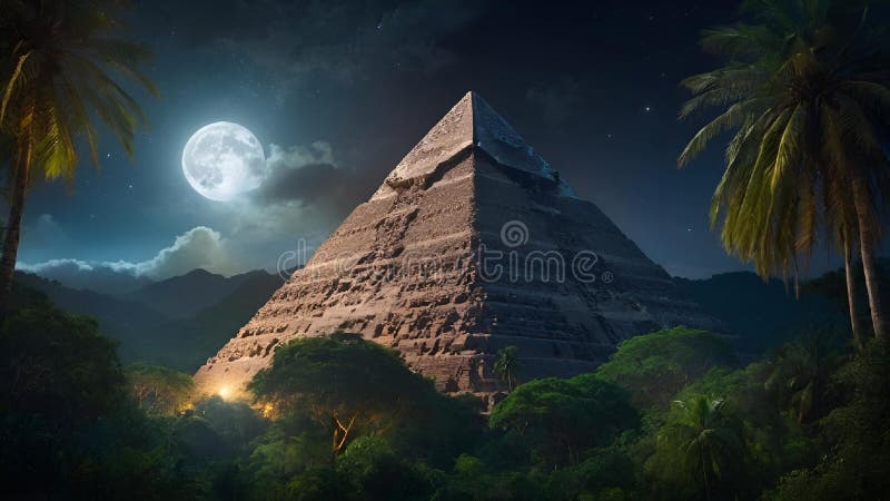An Image of a Giza Pyramid at Night with a Full Moon Stock Illustration ...