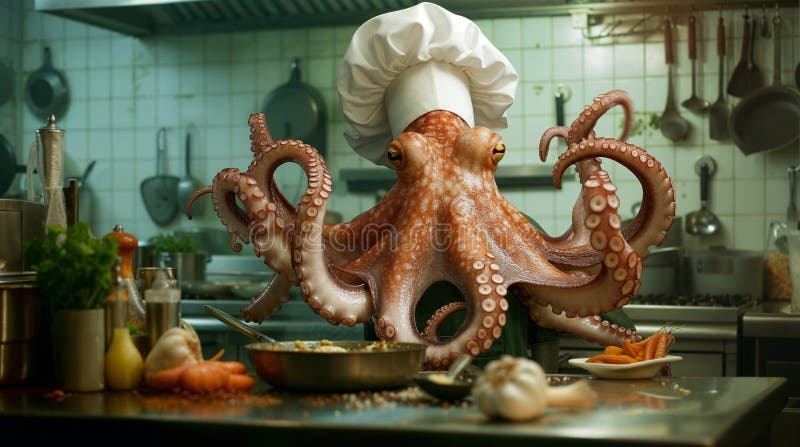 AI Generated Illustration of an Octopus Chef Cooking in Kitchen Wearing ...