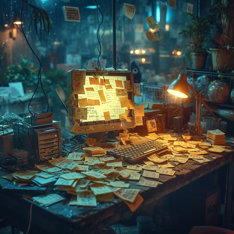AI-generated Illustration of an Office Desk Cluttered with Sticky Notes ...