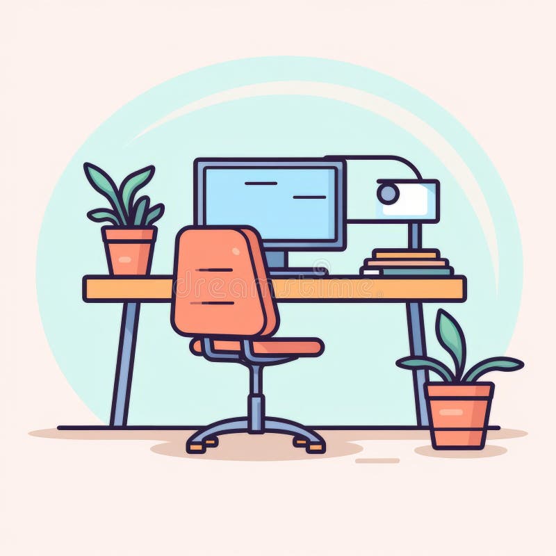 AI Generated Illustration of an Office Desk with a Computer and Potted ...