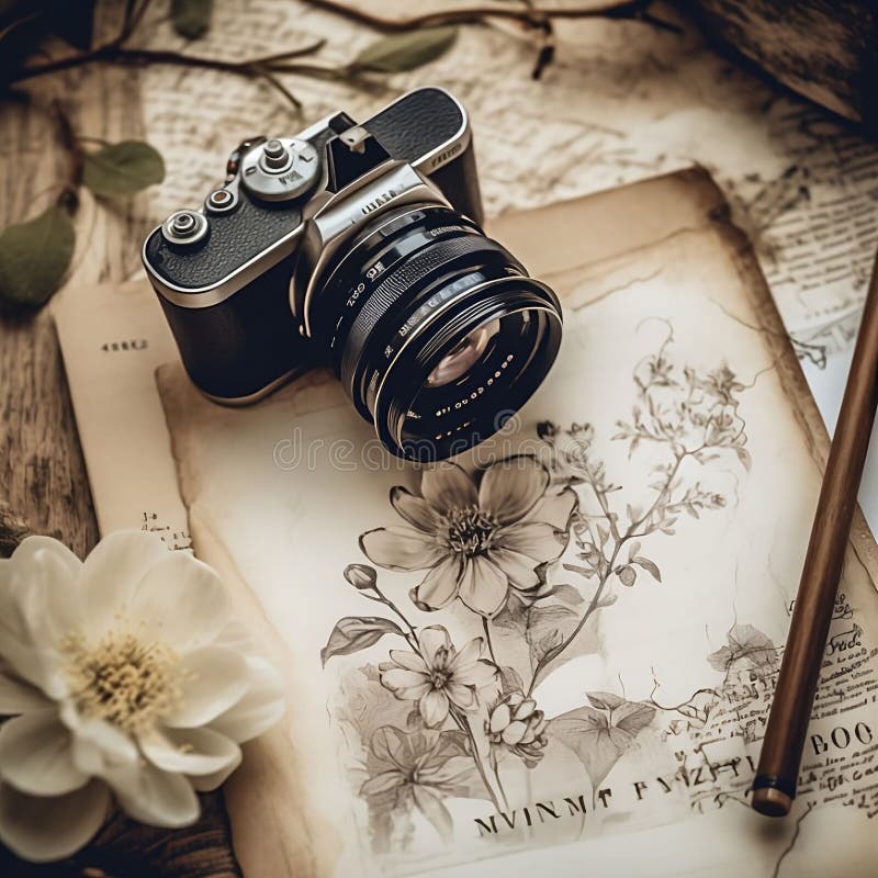 AI Generated Illustration of Old-fashioned Camera and Pen Lying on ...