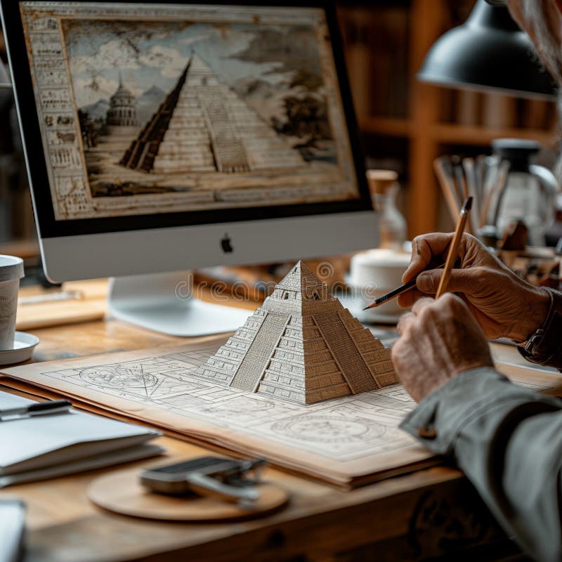 AI Generated Illustration of an Old Man Constructing a Pyramid at Desk ...
