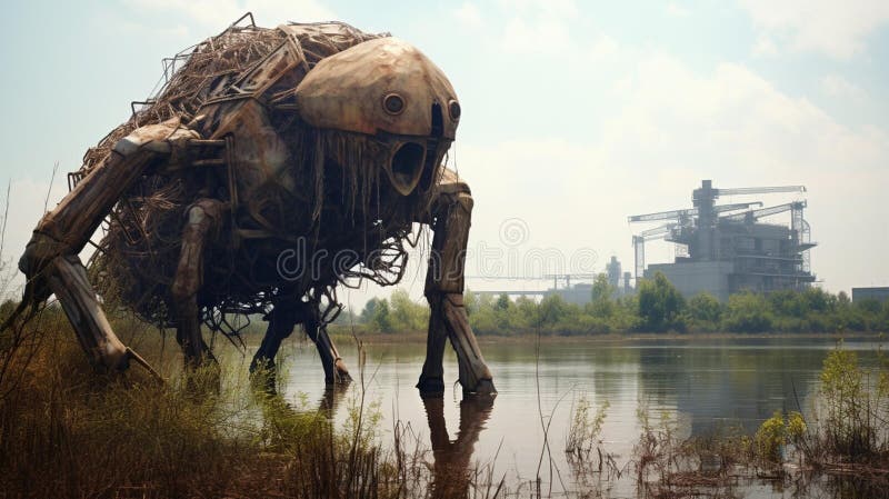 AI Generated Illustration of an Old Metallic Robot in a Pond Stock ...