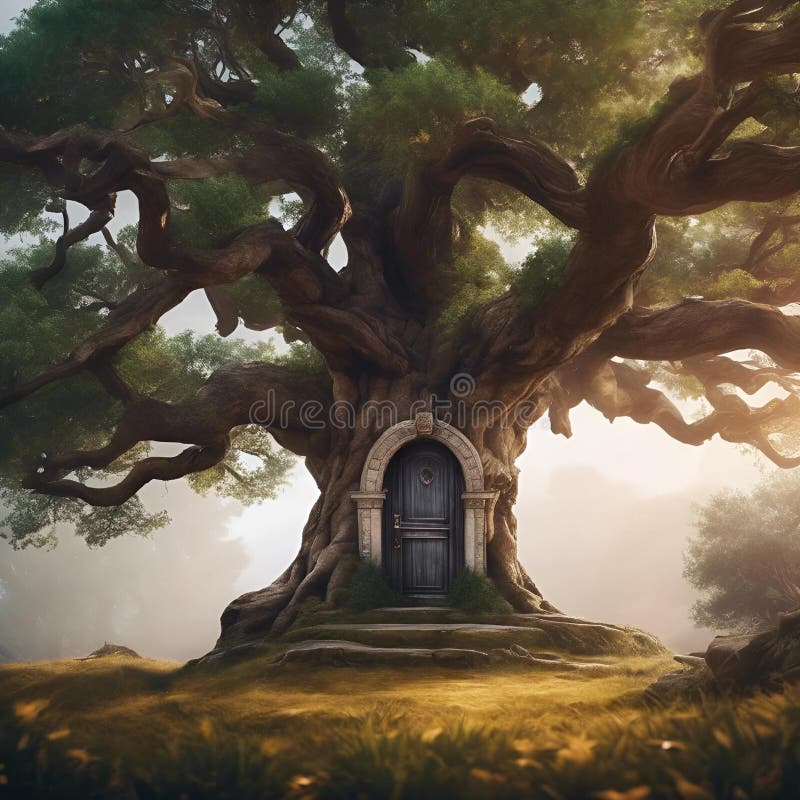AI Generated Illustration of an Old Oak Tree with a Weathered Blue Door ...