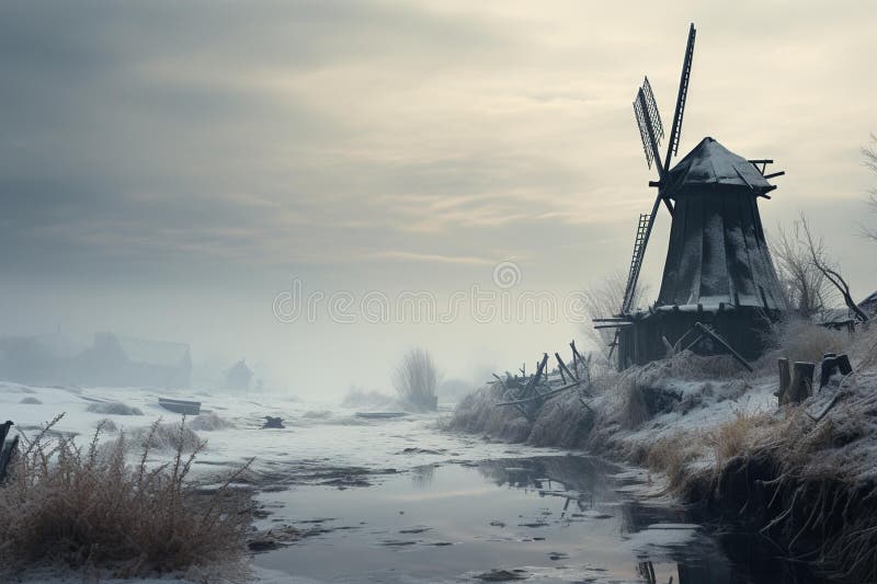 AI Generated Illustration of an Old Windmill in the Snow Stock ...