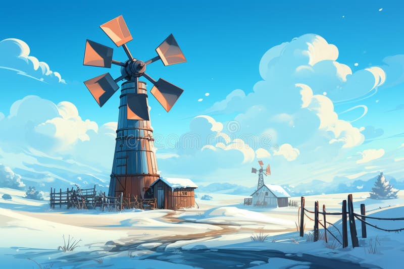 AI Generated Illustration of an Old Windmill in the Snow Stock ...