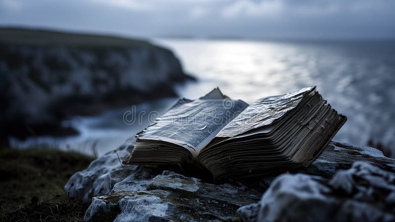 AI Generated Illustration of an Open Book Lying on the Rocky Shoreline ...