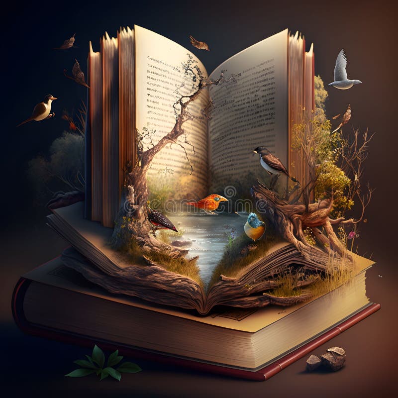 AI Generated Illustration of an Open Book Surrounded by Trees and Birds ...