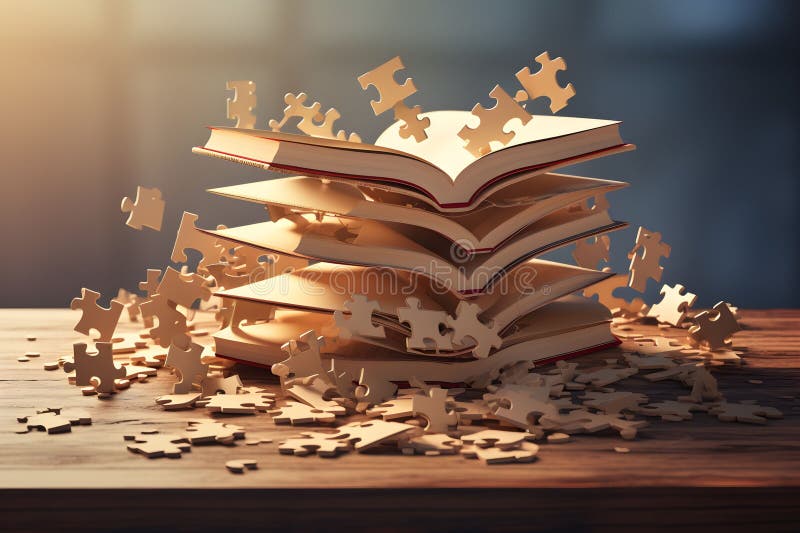 AI Generated Illustration of Open Books with Scattered White Puzzles ...