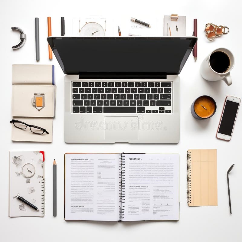 An Open Notebook Next To Open Book with Various Items Scattered Around ...