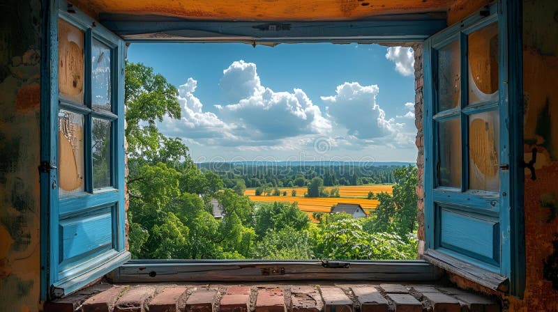 A Window Frame is Open To a Scenic View of Yellow Fields Stock ...
