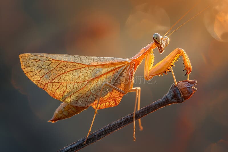 AI Generated Illustration of an Orange Praying Mantis on a Tree Branch ...
