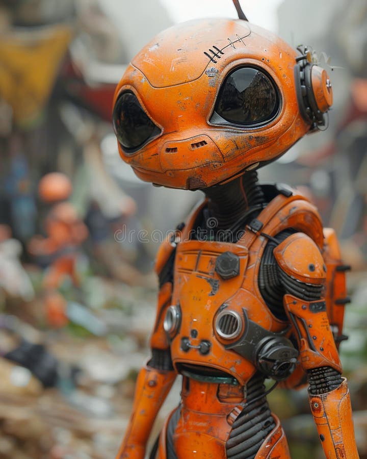 An Orange Robot Stands on the Rubble of an Unfinished Building Stock ...