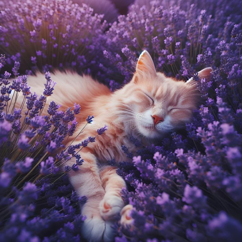 An Orange Cat Sleeping in the Middle of Lavender Bushes while Relaxing ...