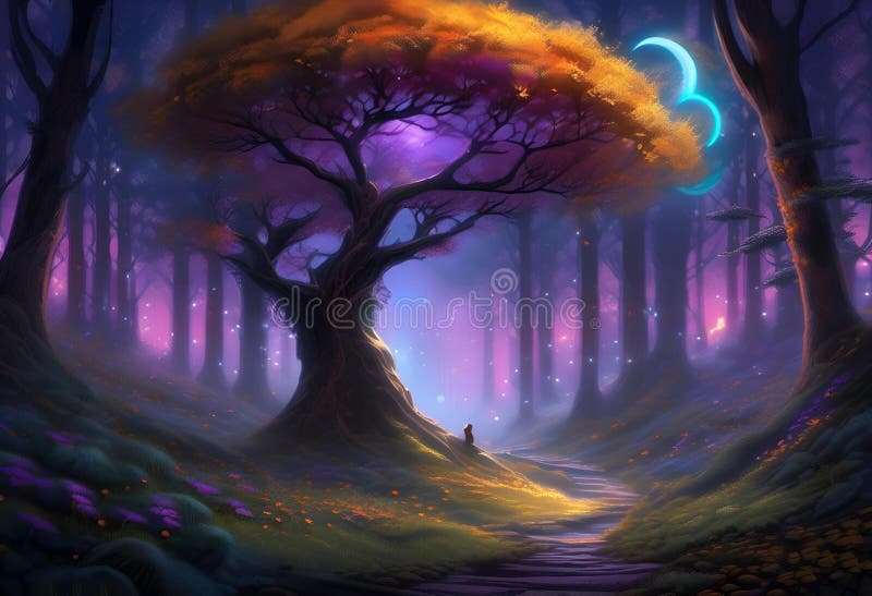 AI-generated Illustration of Orange Tree in Woods with Purple Magical ...