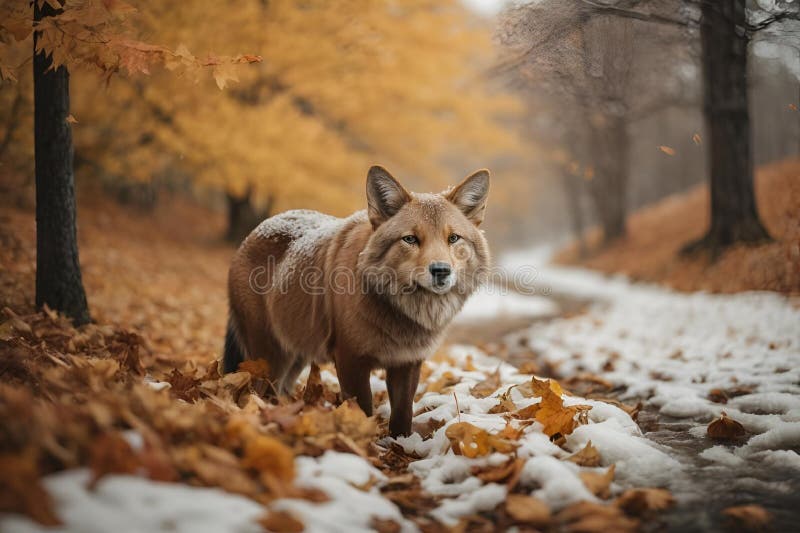 AI Generated Illustration of an Orange Wolf Walking on Dried Leaves in ...