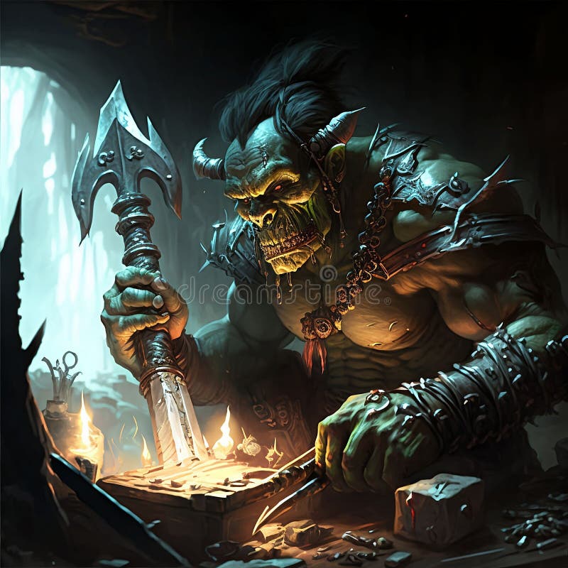 AI Generated Illustration of an Orc Warrior Sitting in the Cave Stock ...