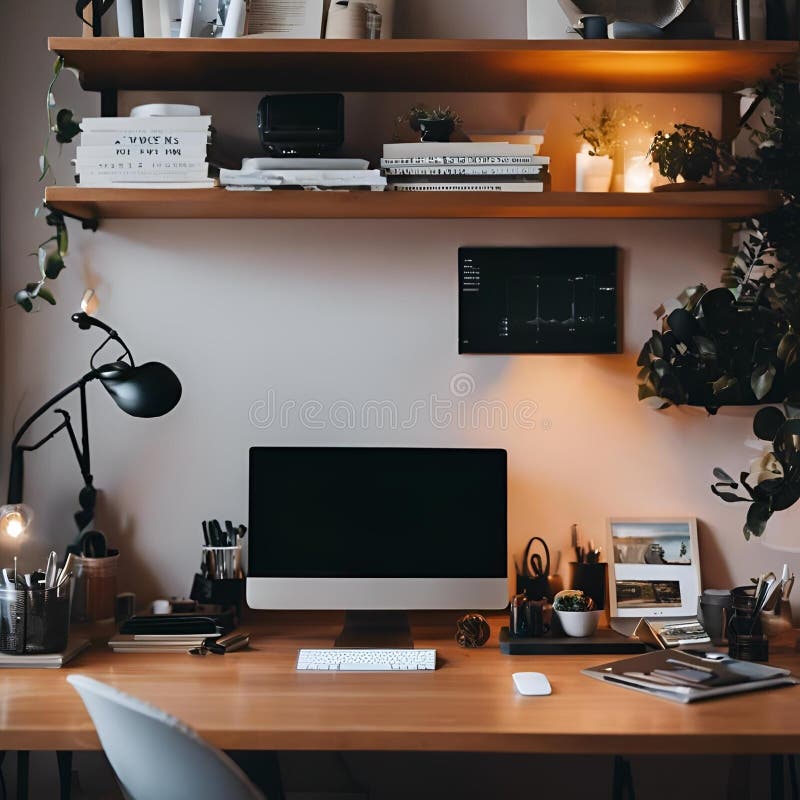 A Desk Has a Computer on it with Shelfs Above Stock Illustration ...