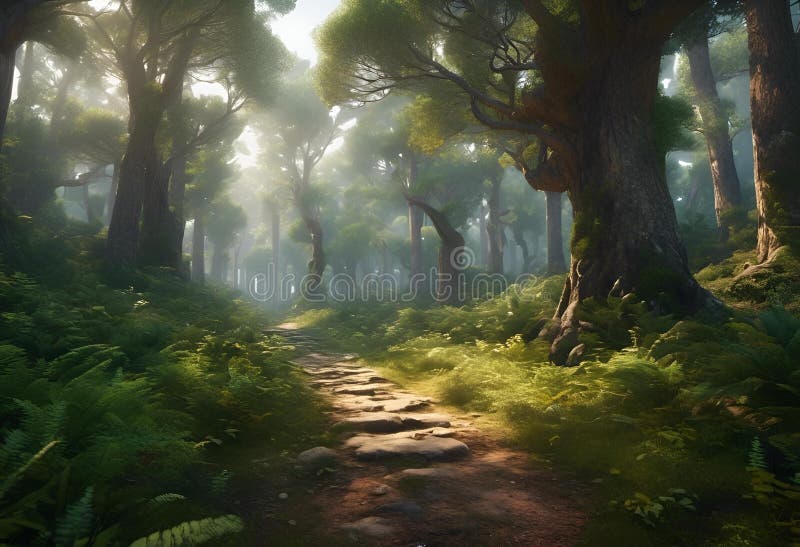 AI Generated Illustration of an Overgrown Forest with a Stone Pathway ...