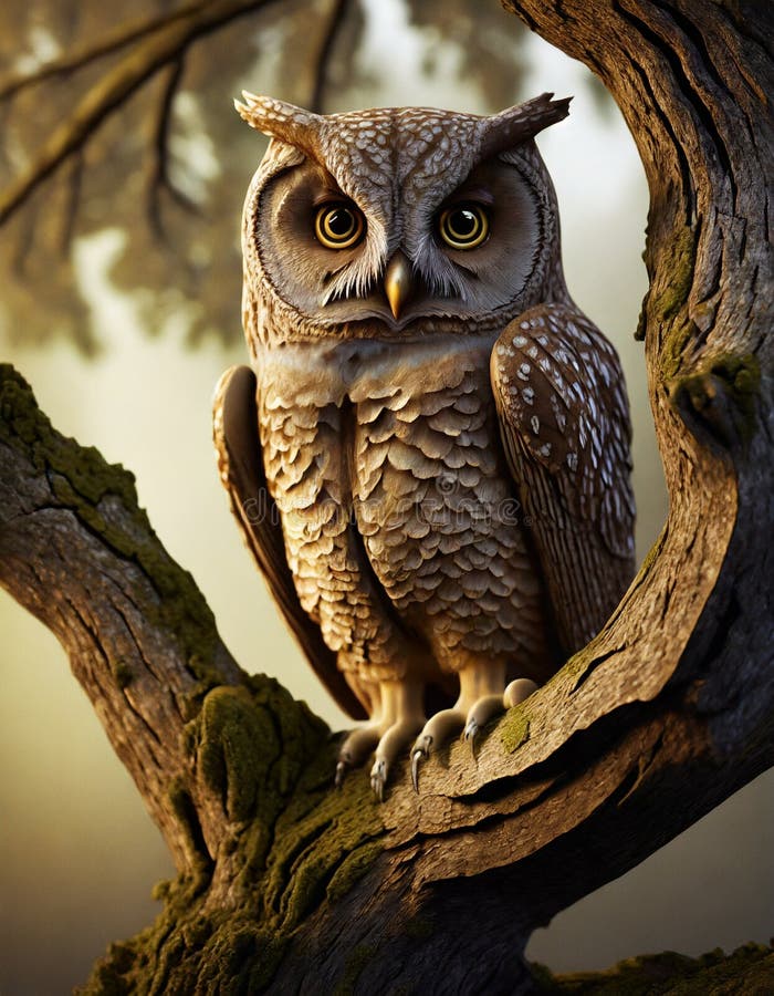 Wise Owl Perched in Oak Tree Stock Illustration - Illustration of ...