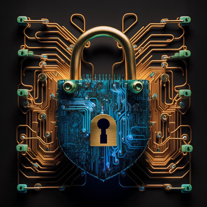 AI Generated Illustration of a Padlock Secured To a Stack of Electronic ...