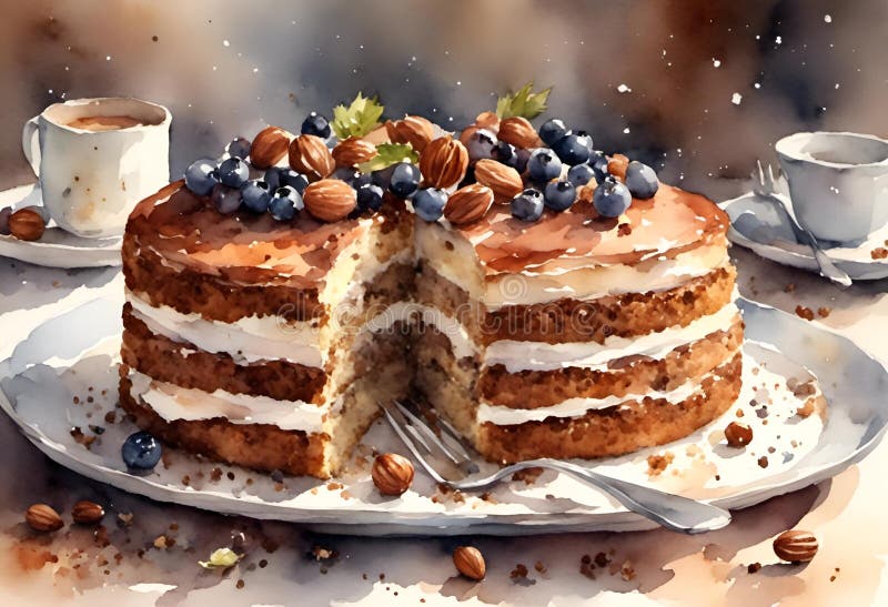 AI Generated Illustration of a Painted Cake with Blueberries on a Plate ...