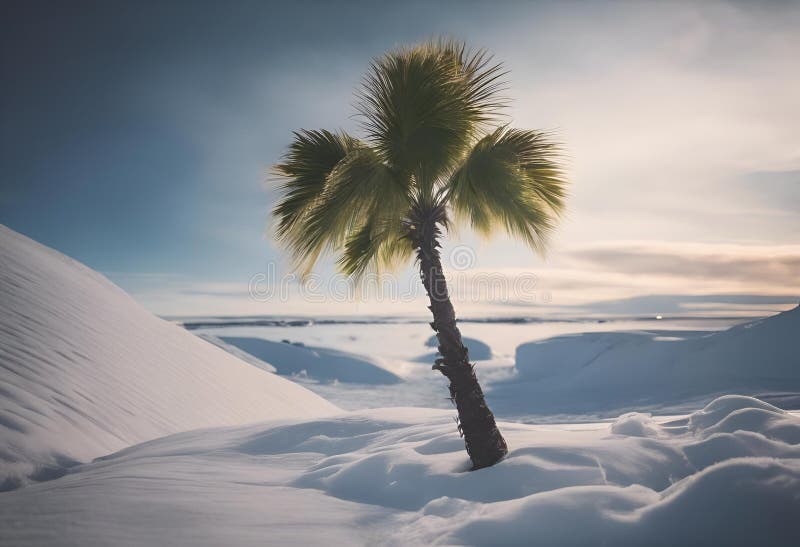 AI Generated Illustration of a Palm Tree Covered in Snow Under a Blue ...
