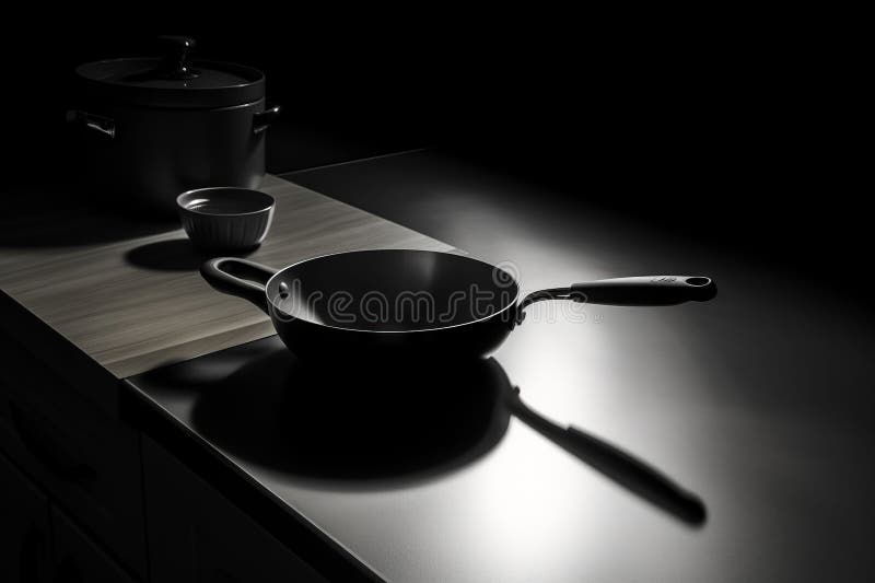 AI Generated Illustration of a Pan on a Table, Black and White Kitchen ...