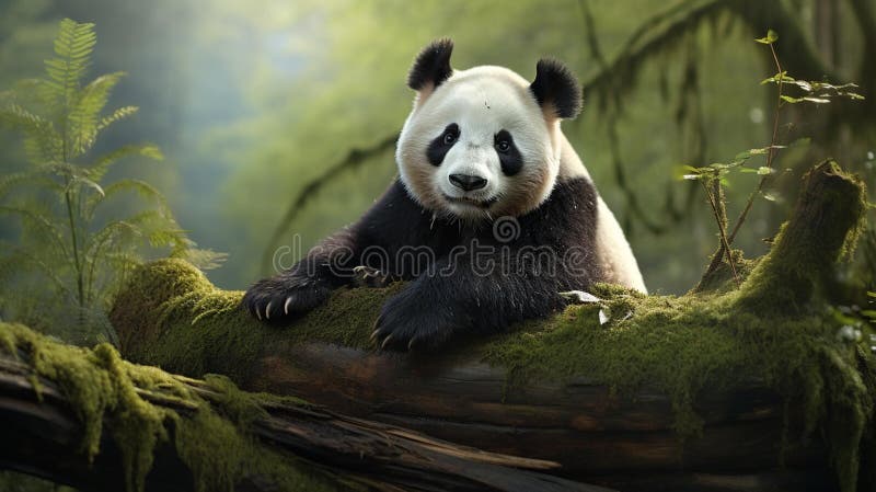 AI Generated Illustration of a Panda Bear Perched on a Tree Log Covered ...