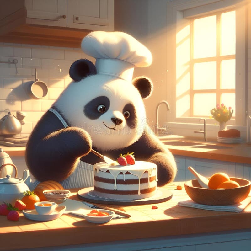 AI Generated Illustration of a Panda and a Cake in a Cute Kitchen ...
