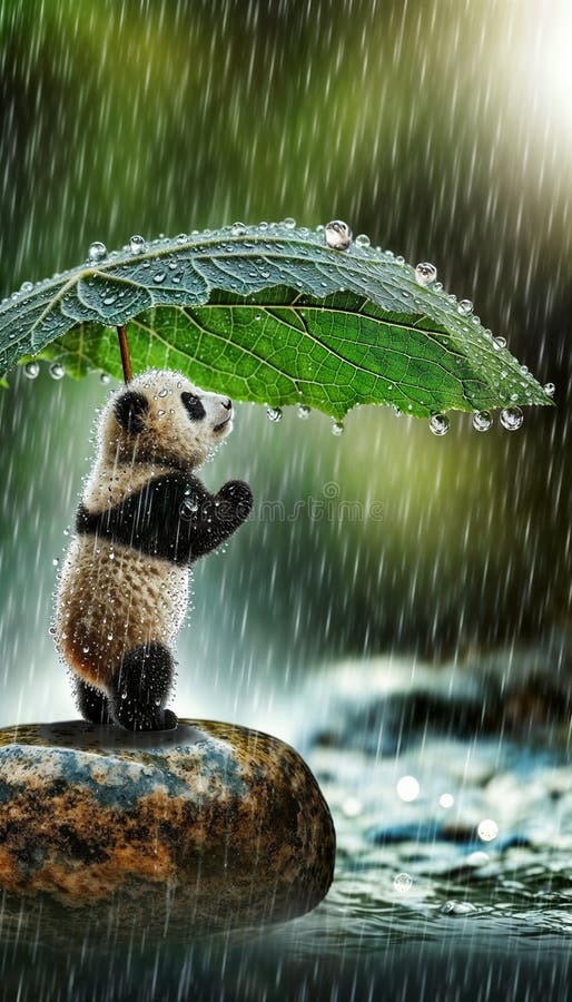 AI-generated Illustration of a Panda in the Rain Under a Jaggery Leaf ...
