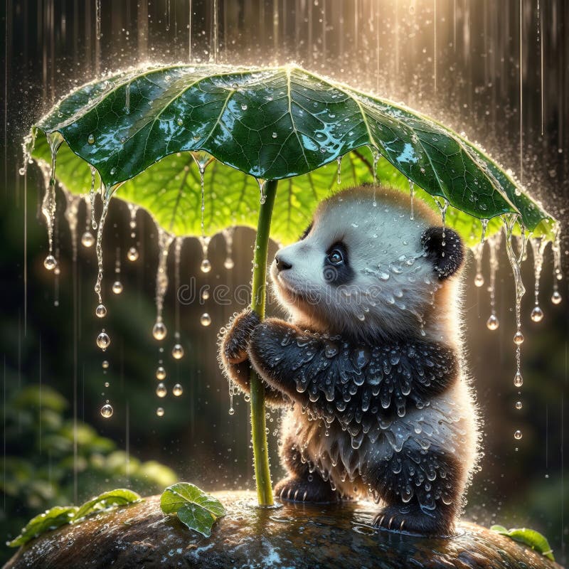 AI-generated Illustration of a Panda in the Rain Under a Jaggery Leaf ...