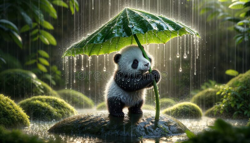 AI-generated Illustration of a Panda in the Rain Under a Jaggery Leaf ...