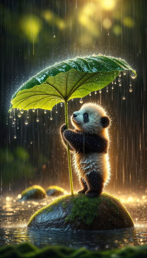 AI-generated Illustration of a Panda in the Rain Under a Jaggery Leaf ...