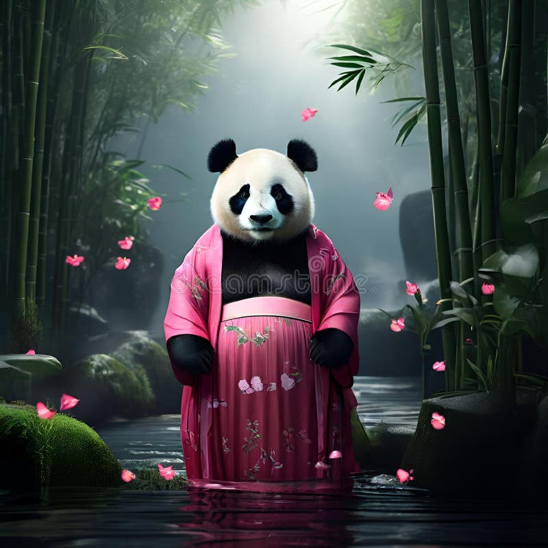 AI Generated Illustration of a Panda Standing in a Flowing Stream Stock ...