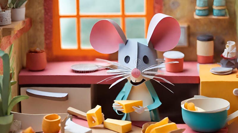 AI Generated Illustration of a Paper-crafted Mouse Eating Cheese in a ...