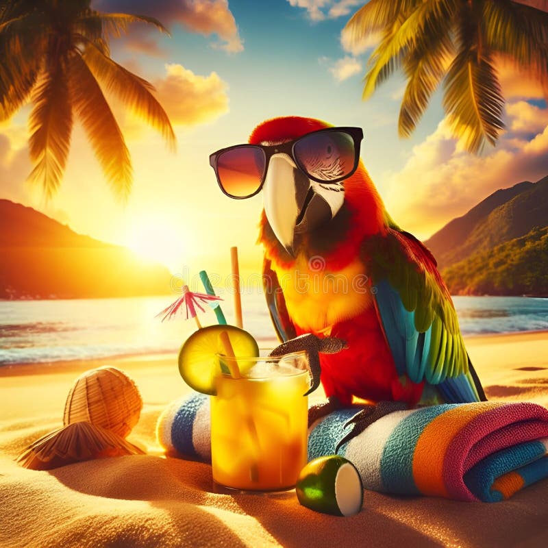 AI Generated Illustration of a Parrot with Exotic Drink on the Beach at ...