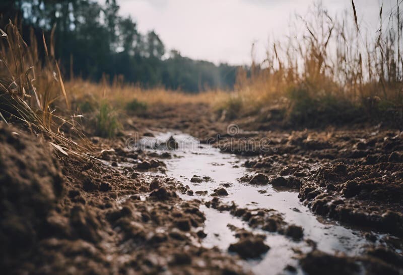 Muddy Path in a Field, Next To Trees and Bushes Stock Illustration ...