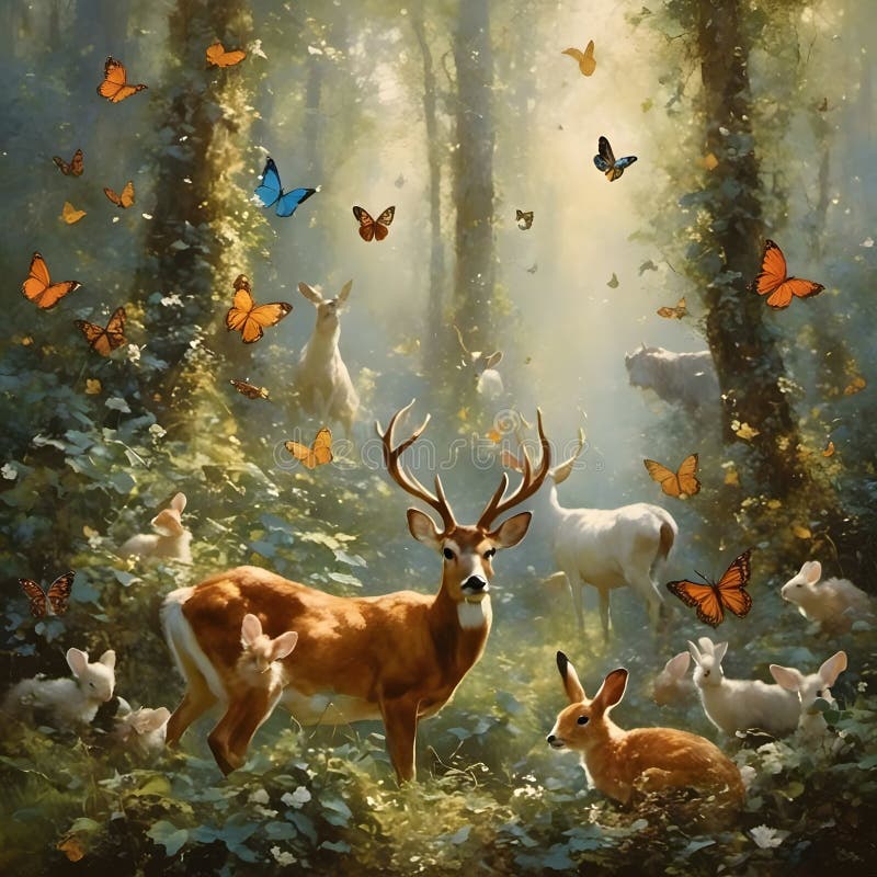 AI Generated Illustration of Peaceful Animals in the Forest Stock ...