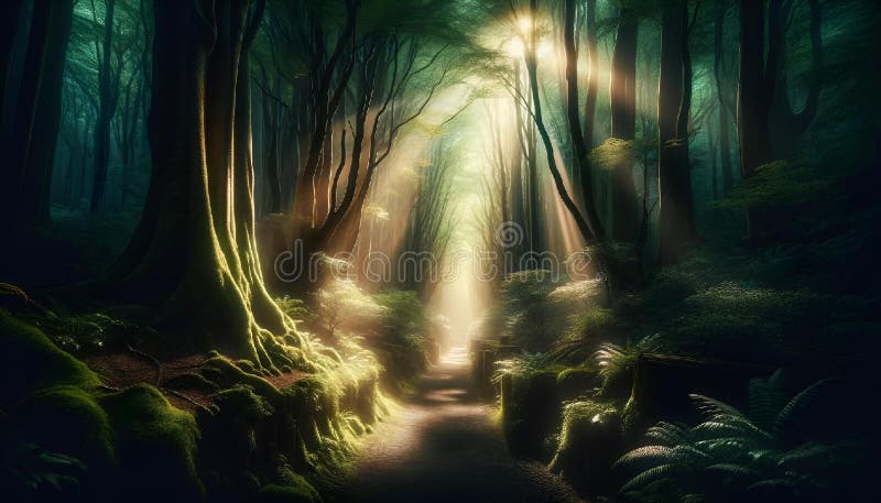 AI Generated Illustration of a Peaceful Forest Scene Lit by a Warm ...