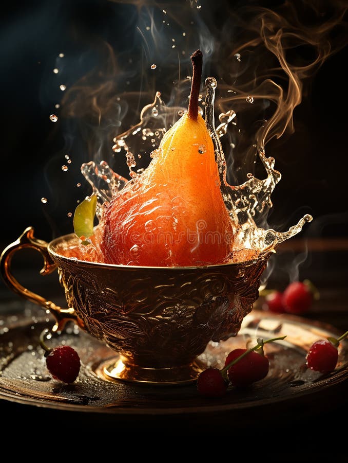 A Splash on a Pear Sitting in a Metal Cup on a Metal Plate Stock Image ...