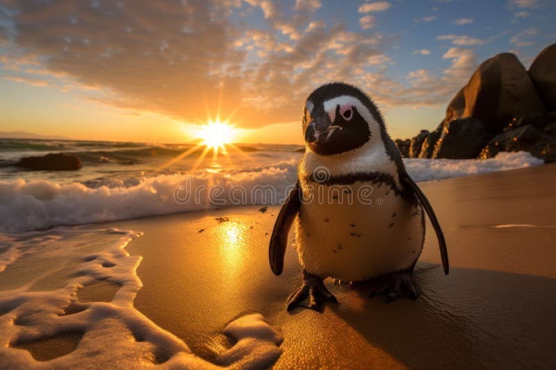 AI Generated Illustration of a Penguin on the Beach at Sunset Stock Illustration - Illustration ...