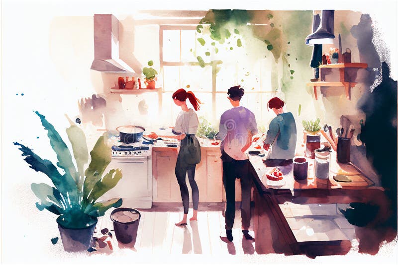 AI Generated Illustration of People Eating on the Kitchen Stock ...