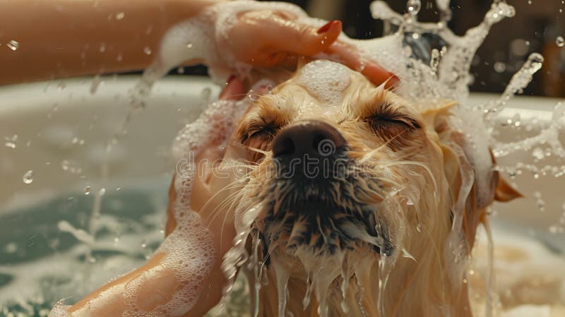 AI Generated Illustration of a Person Bathing a Dog in a Bathtub Stock ...