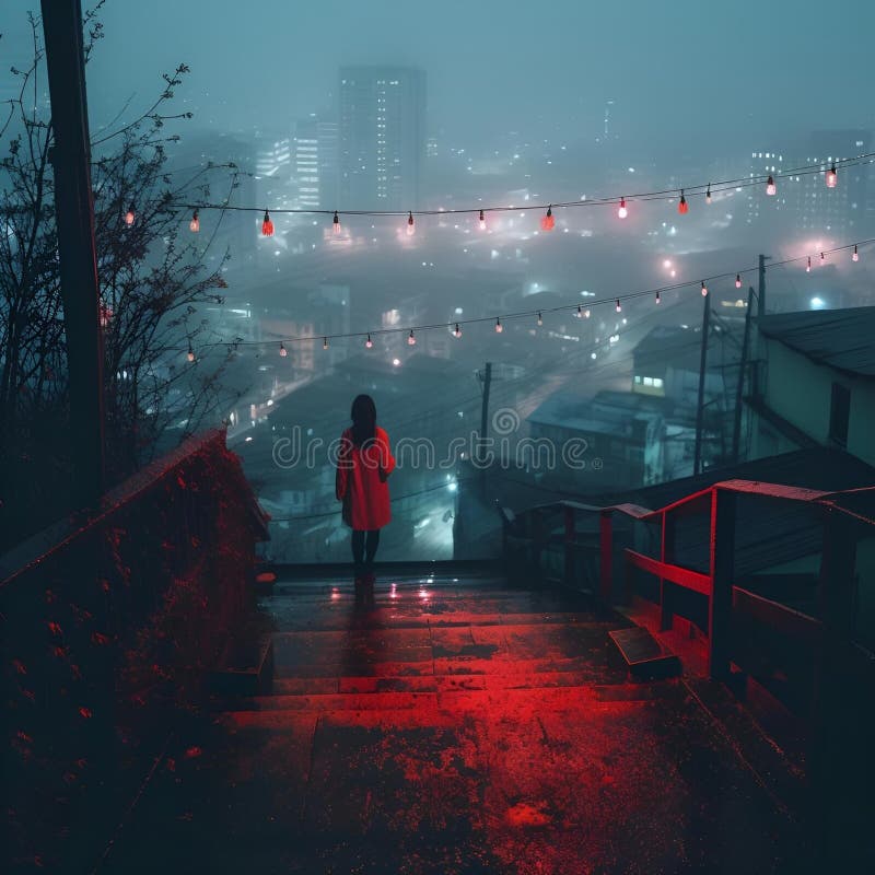 AI Generated Illustration of a Person Going Downstairs, Illuminated by ...