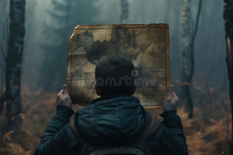 AI Generated Illustration of a Person Holding a Map in a Forest Setting ...