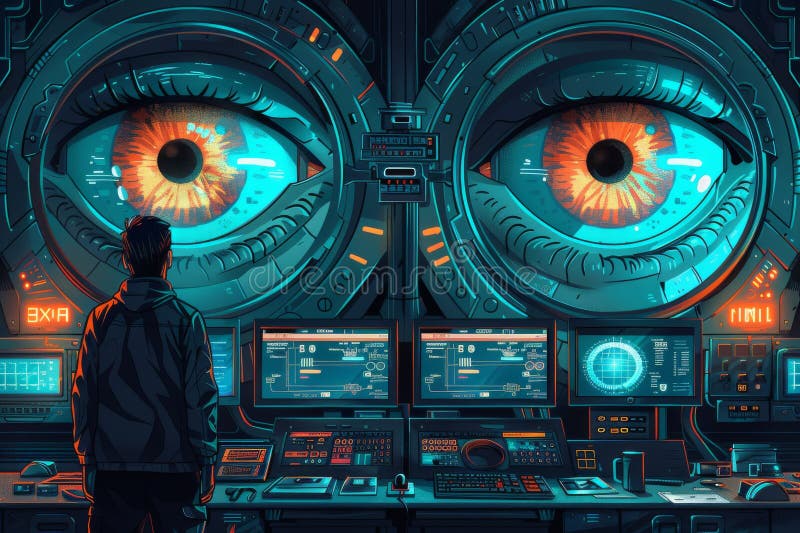 Illustration of a Person Standing in Front of Large Digital Screens ...