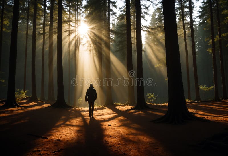 A Person Walking in a Dark Forest with Sun Beams Shining Stock Image ...