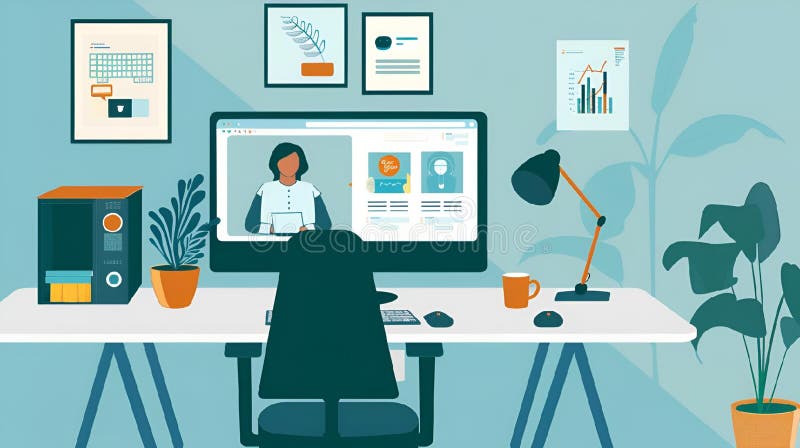 Someone Working in Front of a Desktop on a Desk with a Plant Stock ...